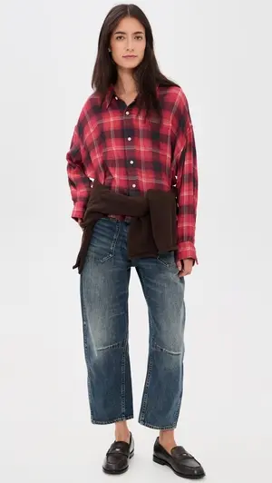 Denimist Bailey Cropped Button Down Shirt - Red Black Plaid