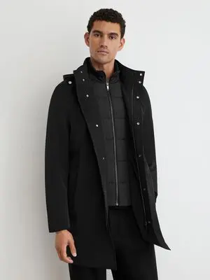REISS Hilson Hybrid Gilet-insert Overcoat With Detachable Hood - Black