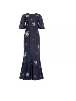 Agua Bendita Ave Anhelo Embroidered Linen Maxi Dress - Blue
