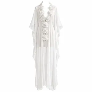 BELYED HANDCRAFT Hawaiian – Floral Embellished Silk Chiffon Beach Kaftan Belyed - White