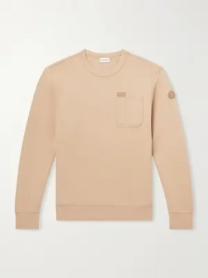 Moncler Logo-appliqué Leather-trimmed Cotton-blend Jersey Sweatshirt - Neutrals