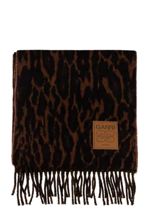 GANNI Wool Scarf With Animal Motif - Brown