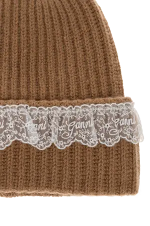 GANNI Beanie Hat With Lace Trim