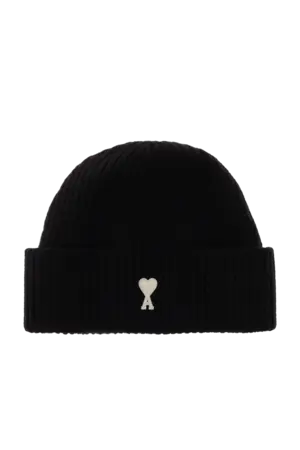AMI Paris Wool Beanie With Sewn Logo - Black