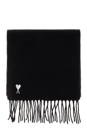 AMI Paris Wool Scarf With Logo - Black