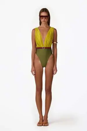 SAME Belted V One Piece - Chartreuse/olive