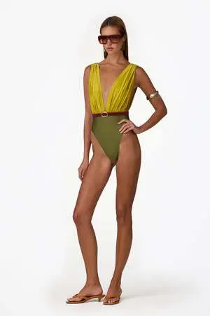 SAME Belted V One Piece - Chartreuse/olive
