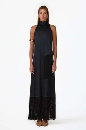SAME Silk Fringe Gown - Black
