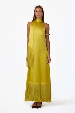 SAME Silk Fringe Gown - Chartreuse