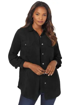 Roaman's Extended Faux Suede Button Front Shirt - Black