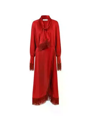 ROWEN ROSE Fringed Scarf-detail Midi Dress - Red
