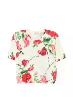 Blumarine St. Rose Floral-print Ribbed-knit Sweater - Neutrals