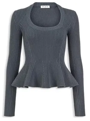 Alaïa Ribbed Peplum Top - Blue