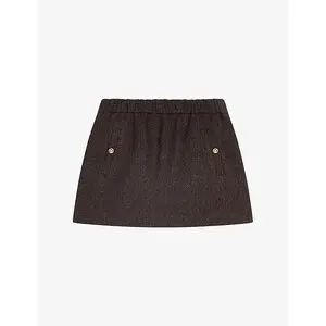 Maje Herringbone Elasticated-waist Wool-blend Mini Skirt - Dark Brown