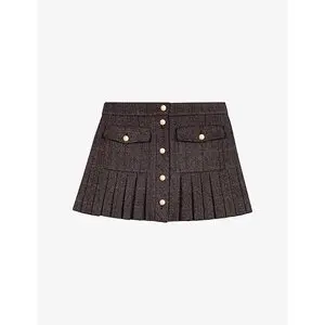Maje Checked Pleated Wool-blend Mini Skirt - Brown