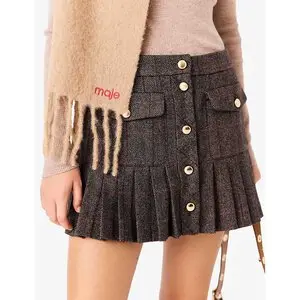 Maje Checked Pleated Wool-blend Mini Skirt