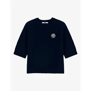 Maje Brooch-embellished Short-sleeved Wool Jumper - Navy