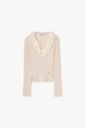 GANNI Ribbed Merino Wool Frill Top - Egret