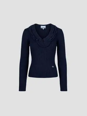 GANNI Ganni Ribbed Merino Wool Frill Top Phantom