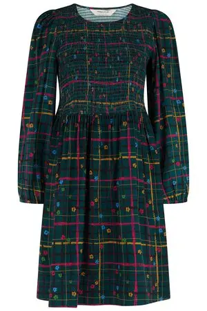 SUGARHILL BRIGHTON Lucy Shirred Short Dress Teal Check - Green