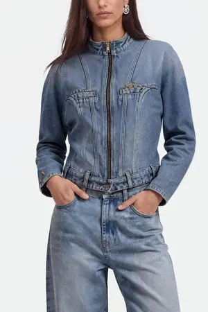 NOCTURNE Stand Collar Denim Jacket - Blue