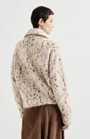 Brunello Cucinelli Lynx Jacquard Cardigan In Mohair And Wool With Shiny Zipper Pull - Buff