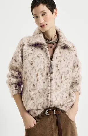 Brunello Cucinelli Lynx Jacquard Cardigan In Mohair And Wool With Shiny Zipper Pull - Buff