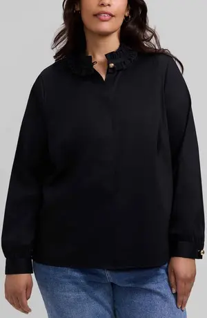 Foxcroft Colette Ruffle Long Sleeve Matte Sateen Shirt - Black