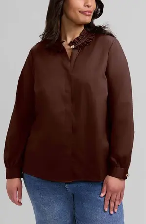 Foxcroft Colette Ruffle Long Sleeve Matte Sateen Shirt - Chocolate Brown