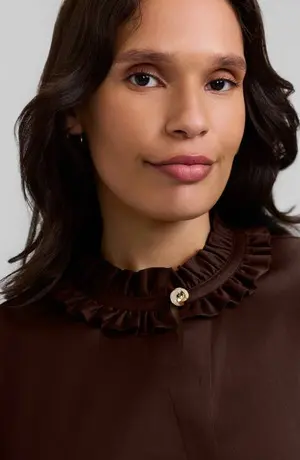 Foxcroft Colette Ruffle Long Sleeve Matte Sateen Shirt - Chocolate Brown
