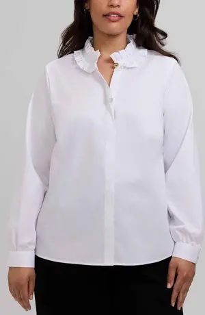 Foxcroft Colette Ruffle Long Sleeve Matte Sateen Shirt White
