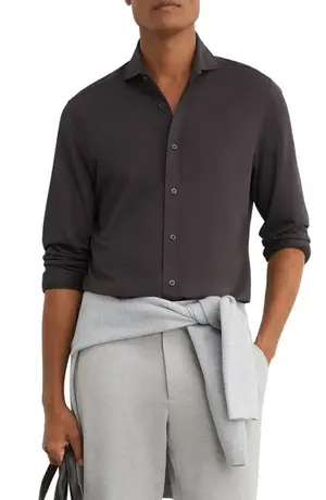 REISS Monaco Slim Fit Stretch Jersey Shirt - Dark Brown
