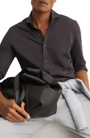 REISS Monaco Slim Fit Stretch Jersey Shirt - Dark Brown