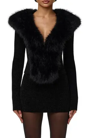 Naked Wardrobe Faux Fur Collar Cardigan - Black