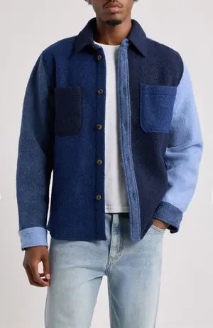 LES DEUX Wool Colorblocked Overshirt - Dark Navy Blue