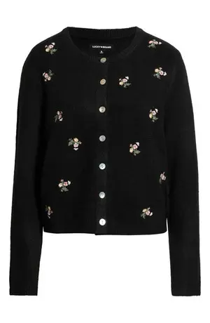 Lucky Brand Floral Embroidered Cardigan - Caviar