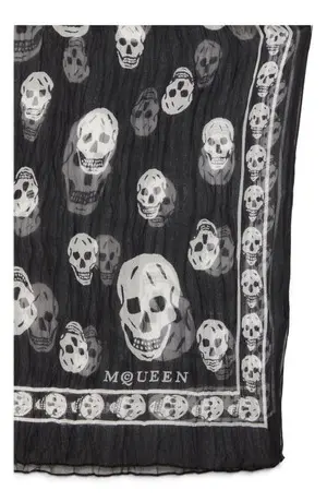 Alexander McQueen Skull Print Pleated Silk Scarf - Black/ivory