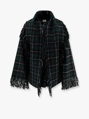 TOTEME Fringed Scarf Madras Wool Coat - Green