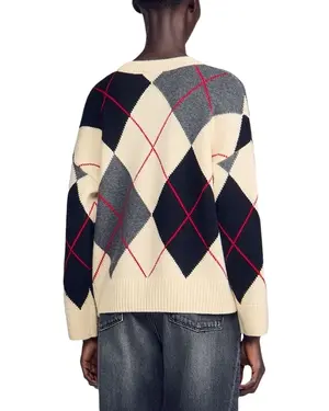 Sandro Gracie Wool & Cashmere Button Sleeve Argyle Sweater - Ecru / Black