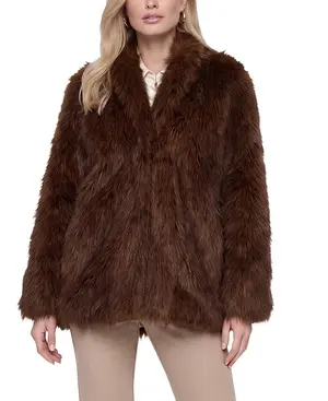 LYLA GRANT Faux Fur Fox Jacket, Tuxedo Collar - Brown Multi