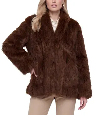 LYLA GRANT Faux Fur Fox Jacket, Tuxedo Collar - Brown Multi