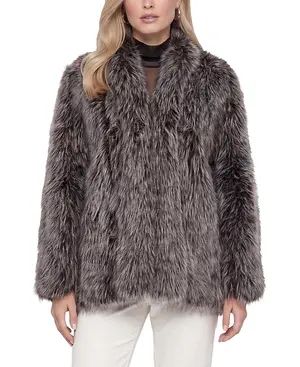 LYLA GRANT Faux Fur Fox Jacket, Tuxedo Collar - Granite Multi