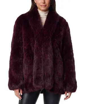 LYLA GRANT Faux Fur Fox Jacket, Tuxedo Collar Wine Multi
