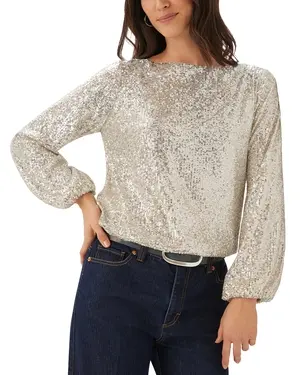 Karen Kane Petite Sequin Boat Neck Blouson Sleeve Top