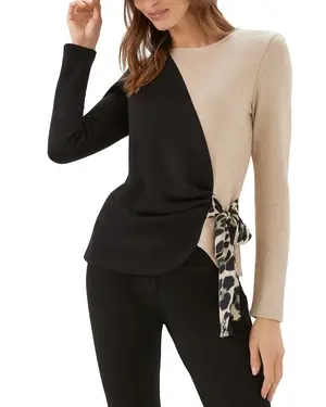 Karen Kane Petite Colorblock Long Sleeve Satin Bow Top