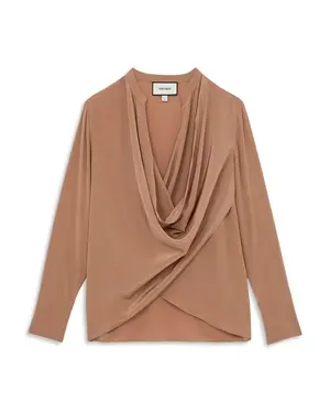REISS Lauren Matte Silk Draped Top - Camel