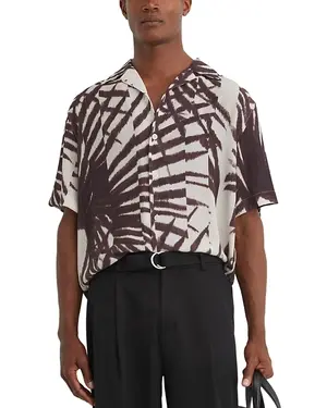 REISS Shindora Palm Print Cuban Collar Shirt - Bordeaux