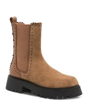 Free People Tried And True Brogue Scalloped Chelsea Boots - Camel Suede