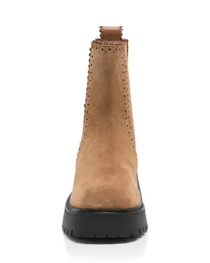 Free People Tried And True Brogue Scalloped Chelsea Boots - Camel Suede