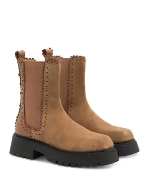 Free People Tried And True Brogue Scalloped Chelsea Boots - Camel Suede